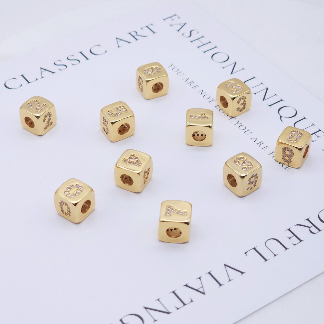 18K Shiny Gold Cube Arabic Numbers Beads, Square Beads, Micro CZ Pave ...