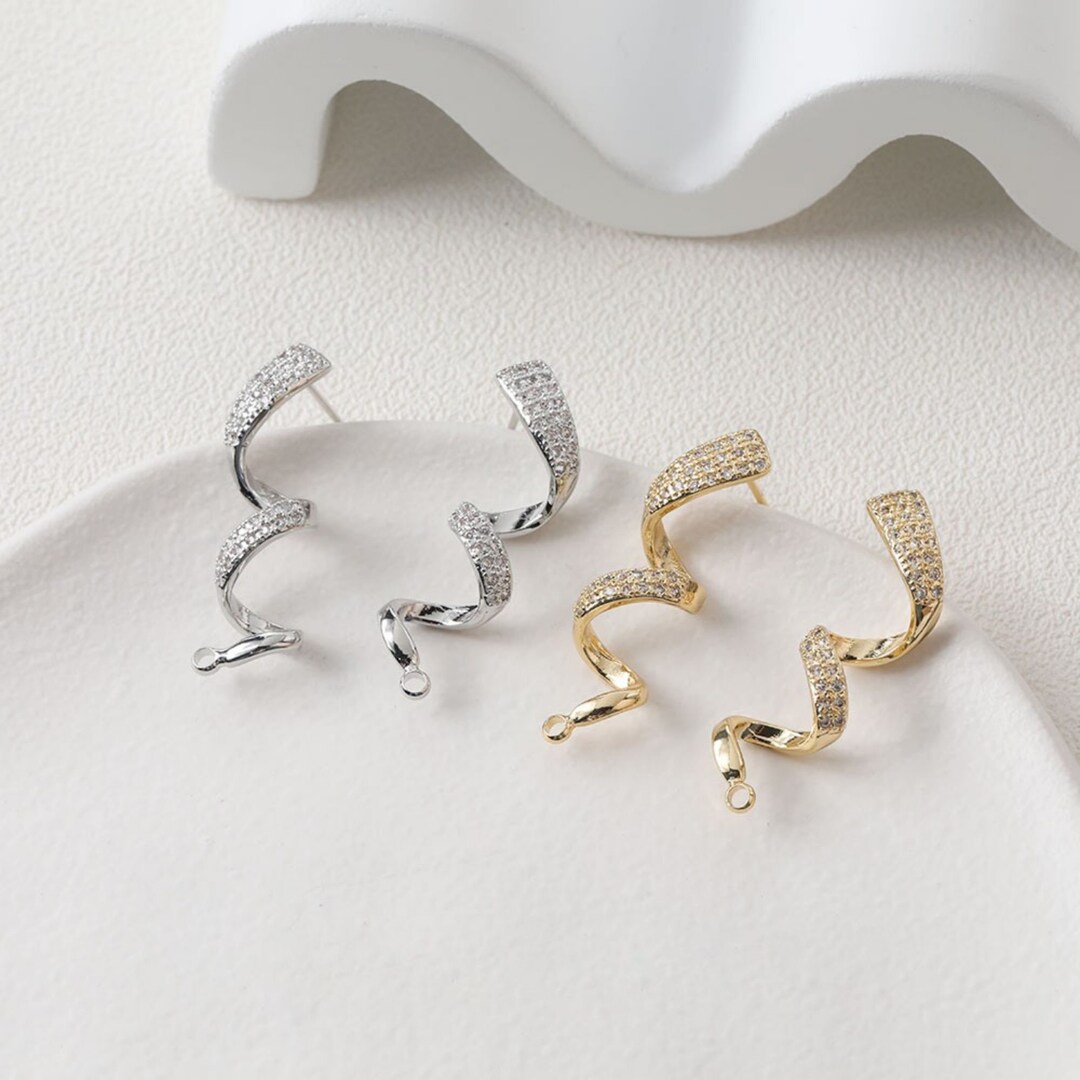 Wave Earring Post With Loop, 14K Gold/silver, CZ Pave, S925 Silver Pin ...