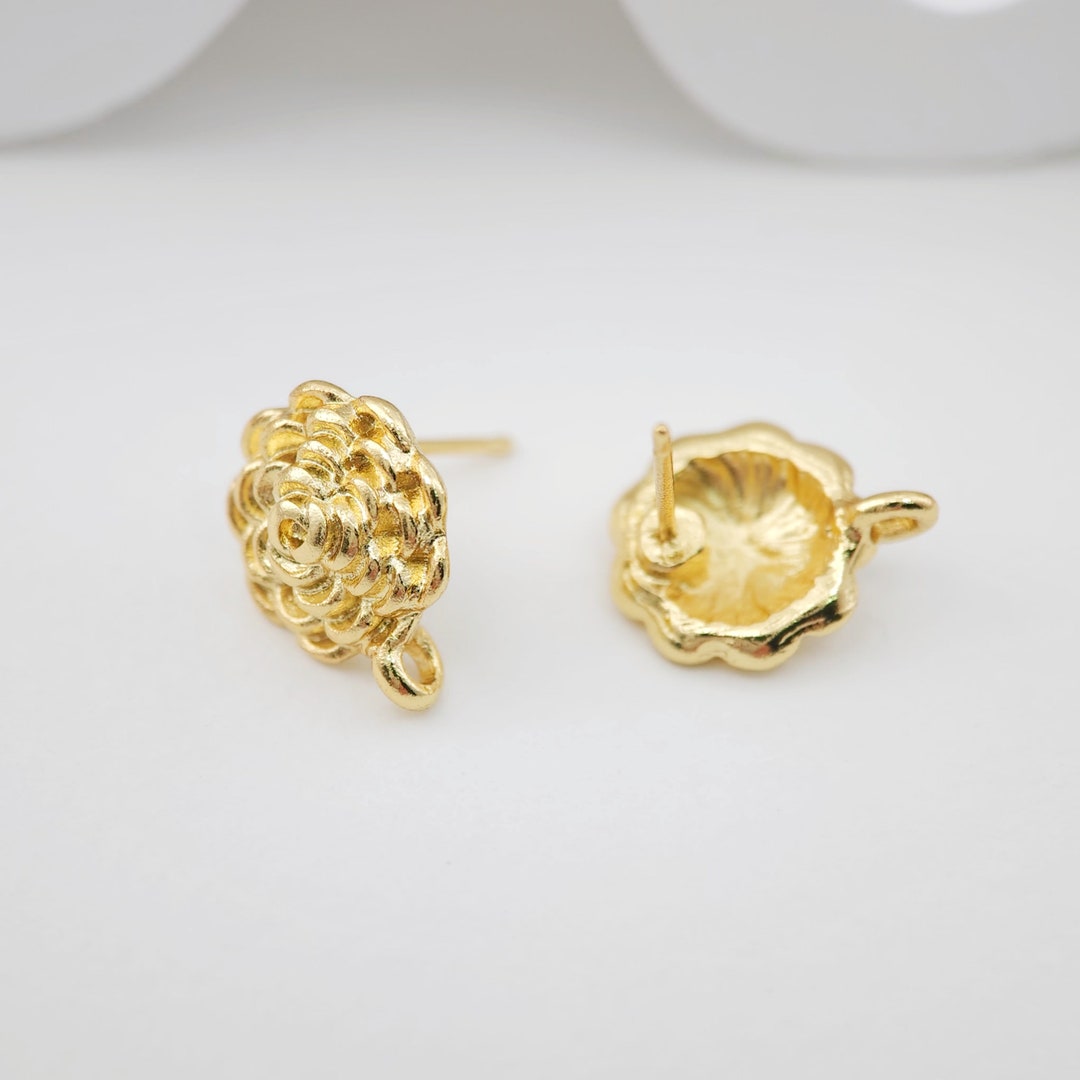 Flower Earring Post With Loop, 18K Real Gold Plated Brass Stud Earring ...
