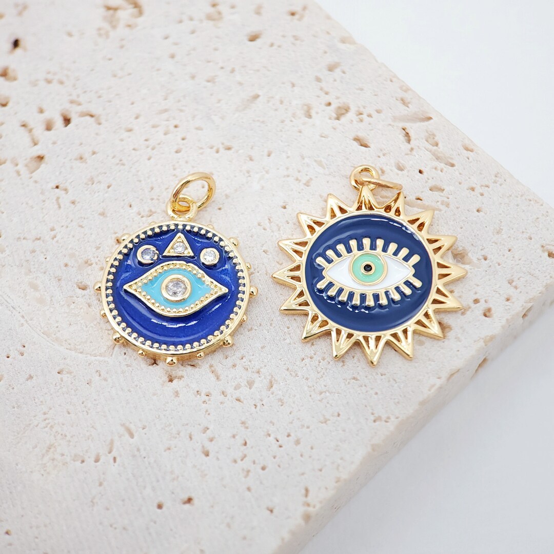 Dark Blue Enamel Evil Eye Charm, 18K Gold Plated Sun Eye Pendant, 19mm ...