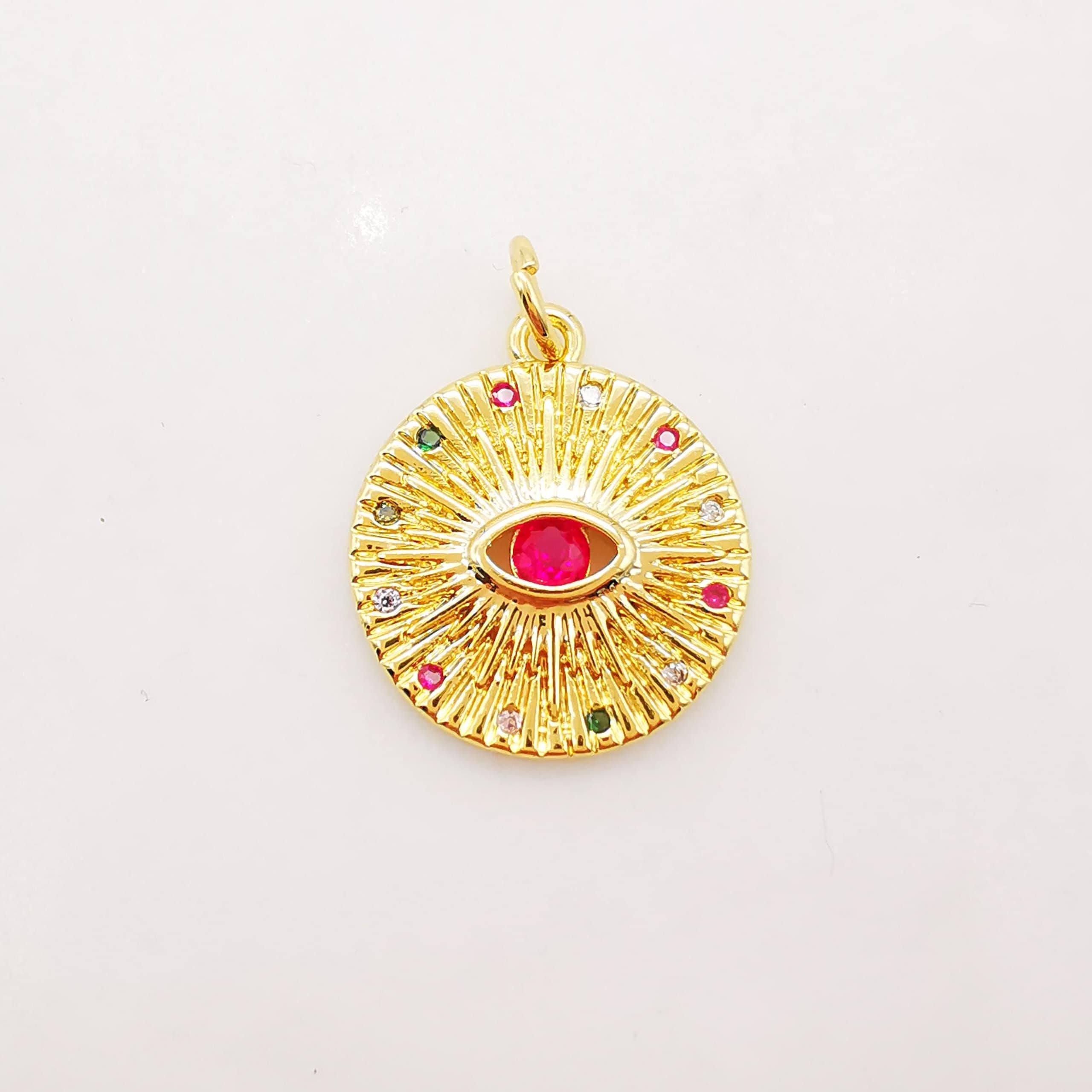 Red Cubic Evil Eye Charm, 18K Gold Plated Micro CZ Pave Round Pendant ...