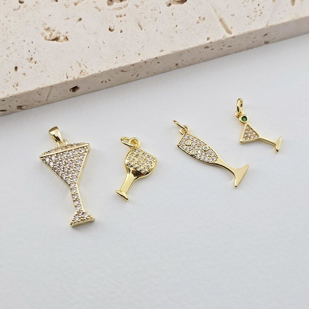 Goblet Pendant, Wine Glass Pendant, 18K Gold CZ Pave Pendant, 18K Gold ...