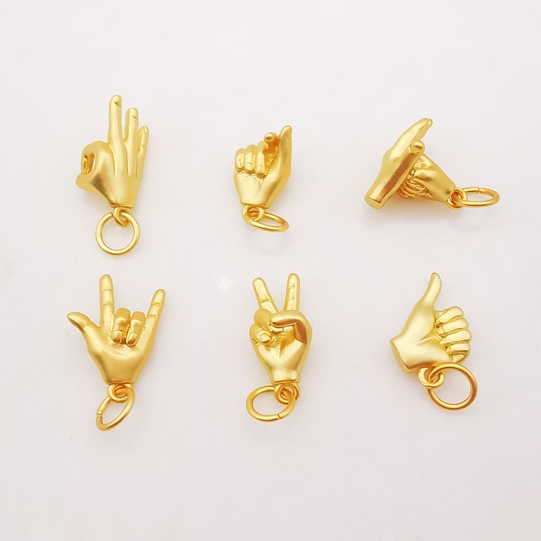 Matte Gold Hand Gestures Charm, 18K Sand Gold Plated Hand Symbol Charm ...