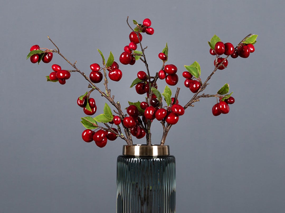Cherry Branch With Leaves, Fake Berry Stem, Rustic Wild Fruit Craft ...