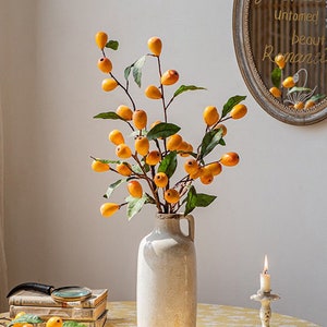 Fake Loquat Fruit Long Branch With Leaves, Autumn Rustic Berry Craft ...