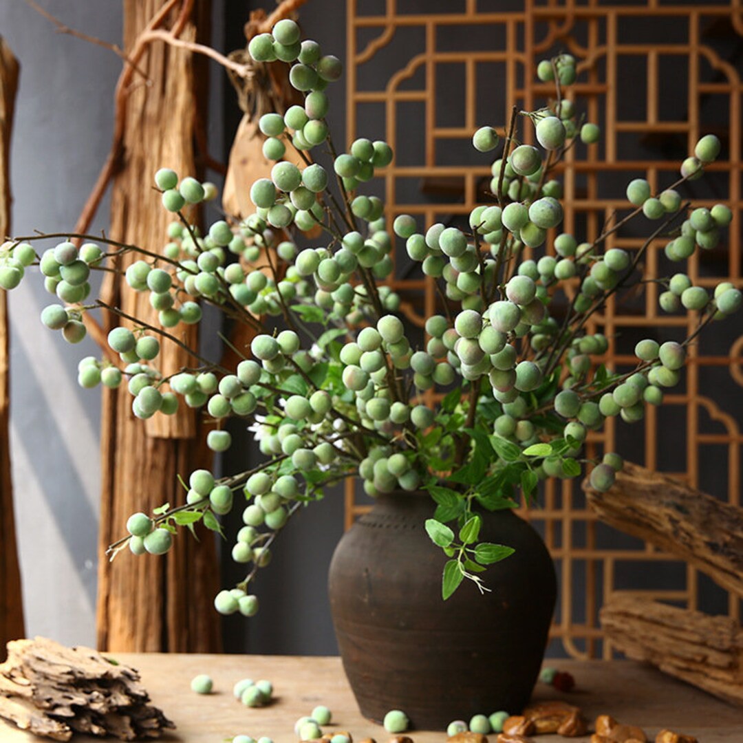 Artificial Green Berry Stem Quality Flocked Cherry Branch Home Fake ...