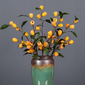 Fake Loquat Fruit Long Branch With Leaves, Autumn Rustic Berry Craft ...