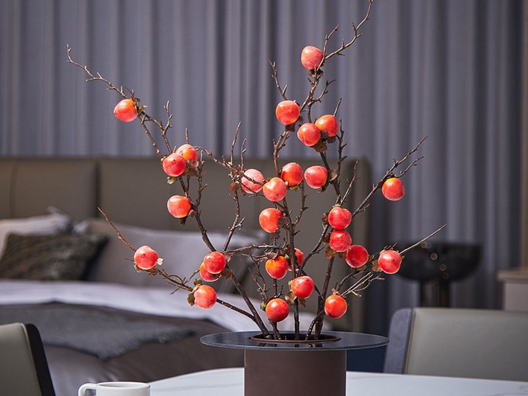 Small Persimmon Long Branch, Autumn Fruit Craft, Rustic Wild Berries ...