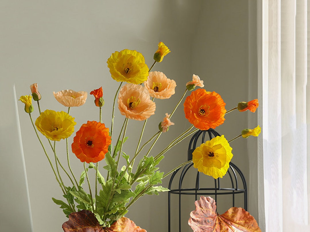 Fake Poppy Long Stem With Buds, Artificial Flower Crafts, Living Room ...