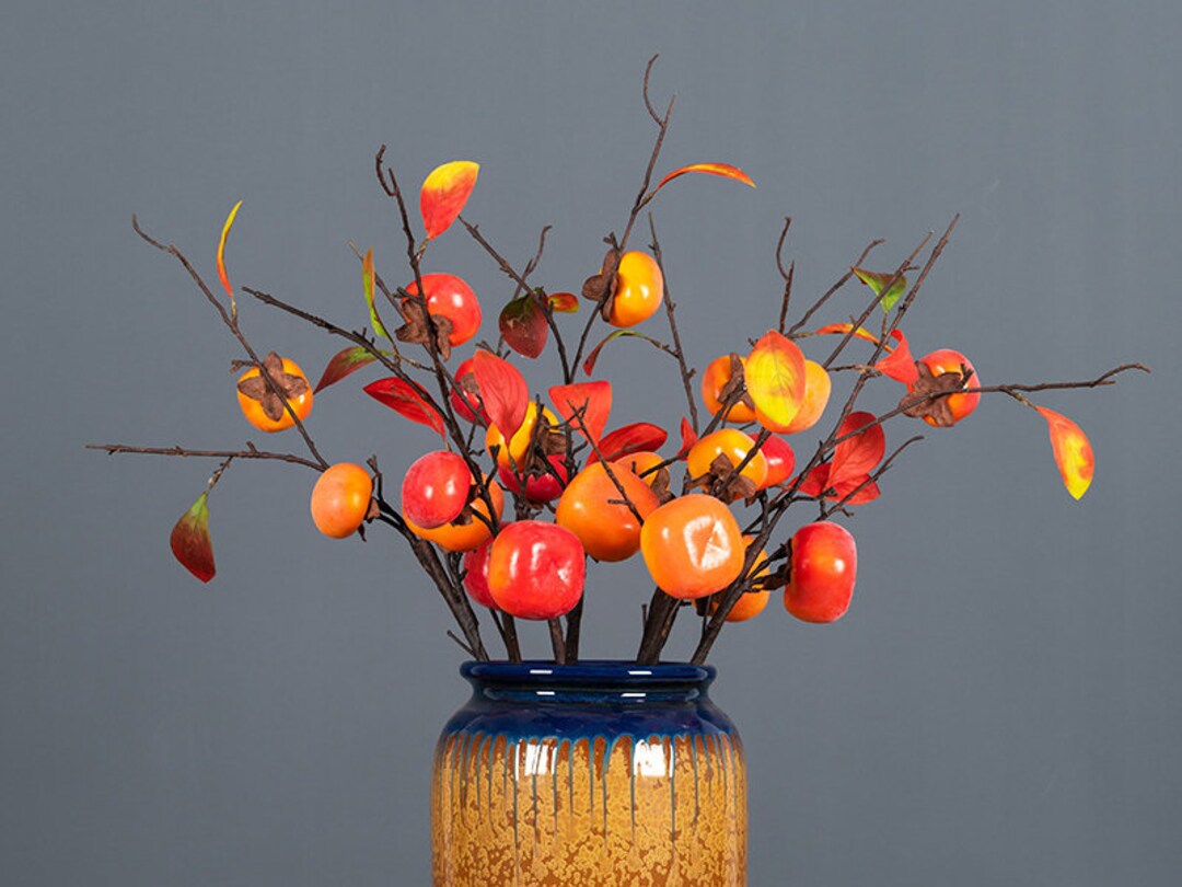 Faux Persimmon Fruit Branch With Leaves, Rustic Autumn Fruit ...