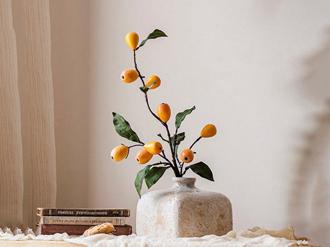 Fake Loquat Fruit Long Branch With Leaves, Autumn Rustic Berry Craft ...