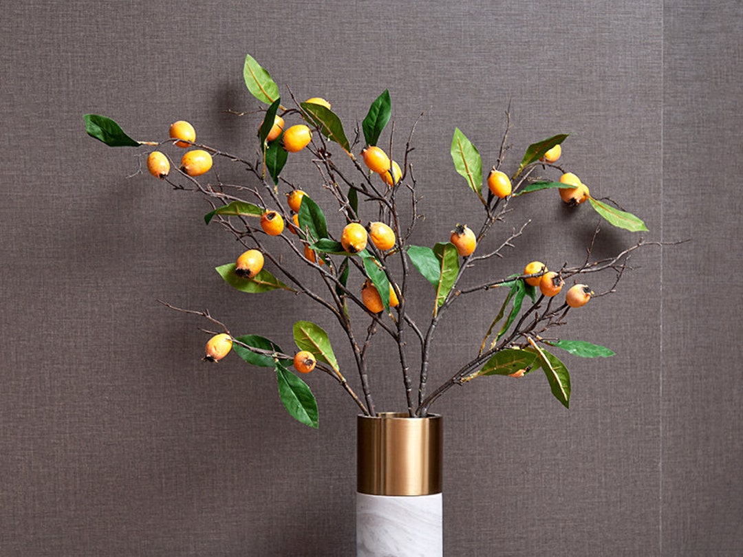 Loquat Fruit Long Branch With Leaves, Fake Berry Craft, Rustic Wild ...