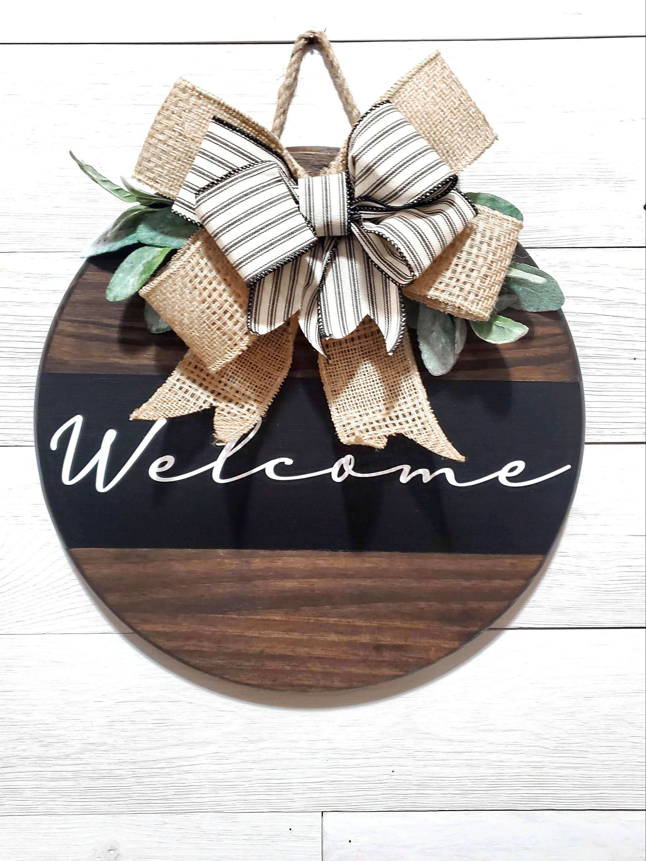 Welcome Round Wood Sign 15 Burlap Bow Door Hanger | Etsy