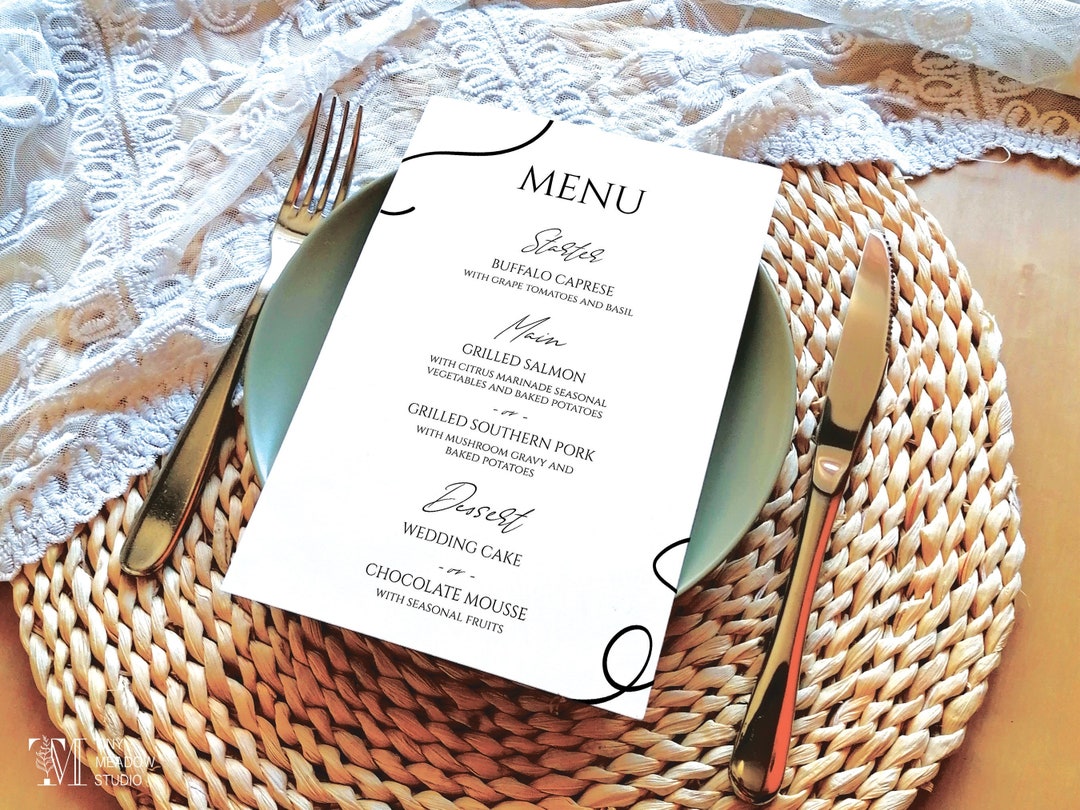 Minimalist Line Art White Personal Editable Wedding Menu Dinner Card ...