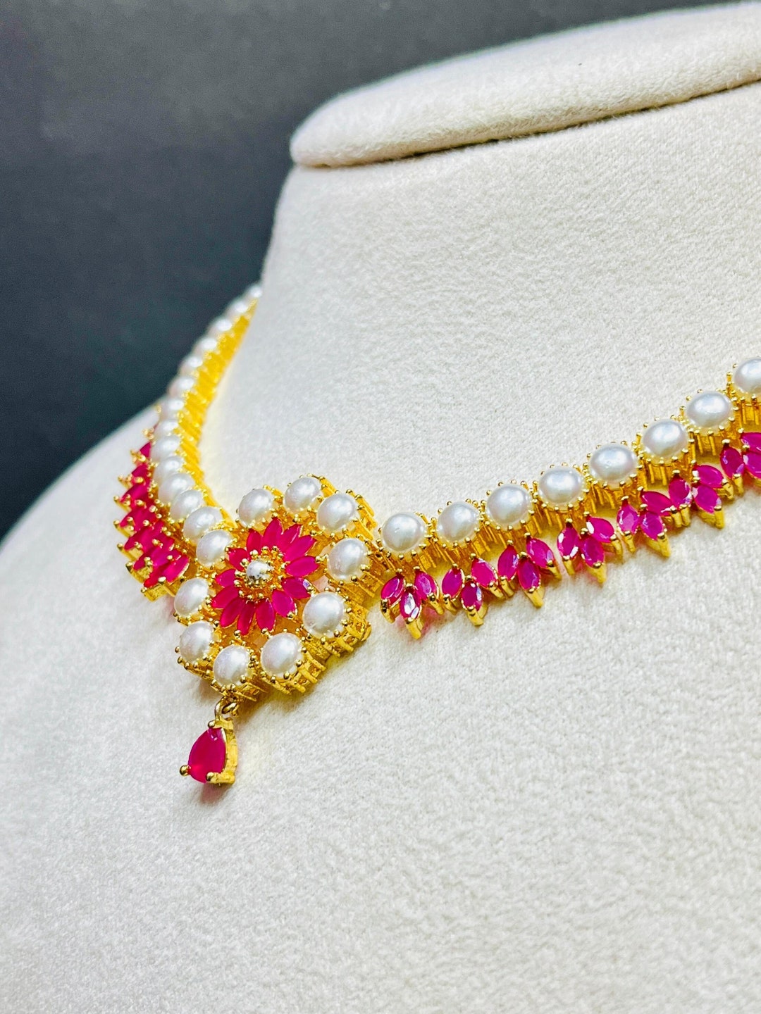 Regal Indian Bridal Jewelry Set Pink Quartz Stone and Brass Flower ...