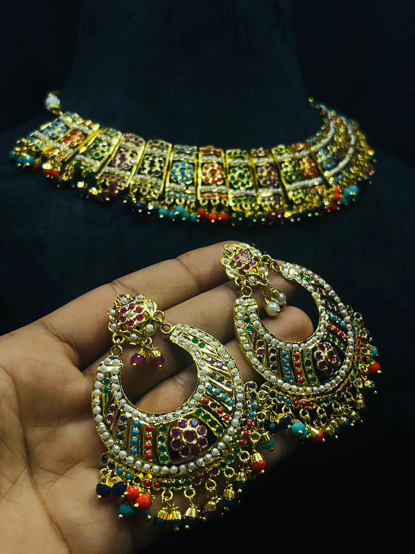 Elegant Traditional Moti and Brass Indian Jewelry Set, With Multi Stone ...