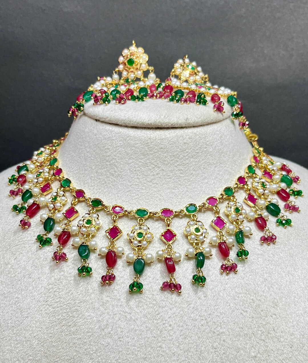 Pakistani Style Necklace Set With Earrings Brass and Quartz Stone ...