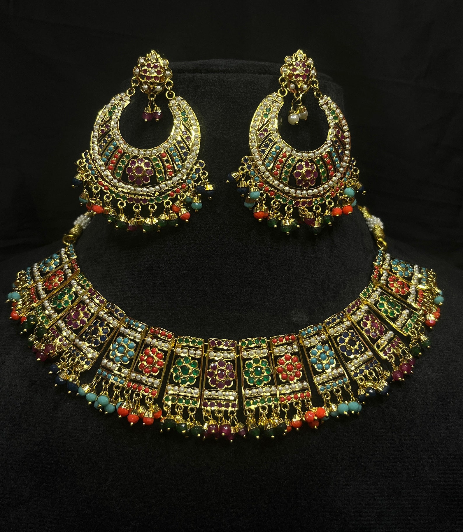 Elegant Traditional Moti and Brass Indian Jewelry Set, With Multi Stone ...