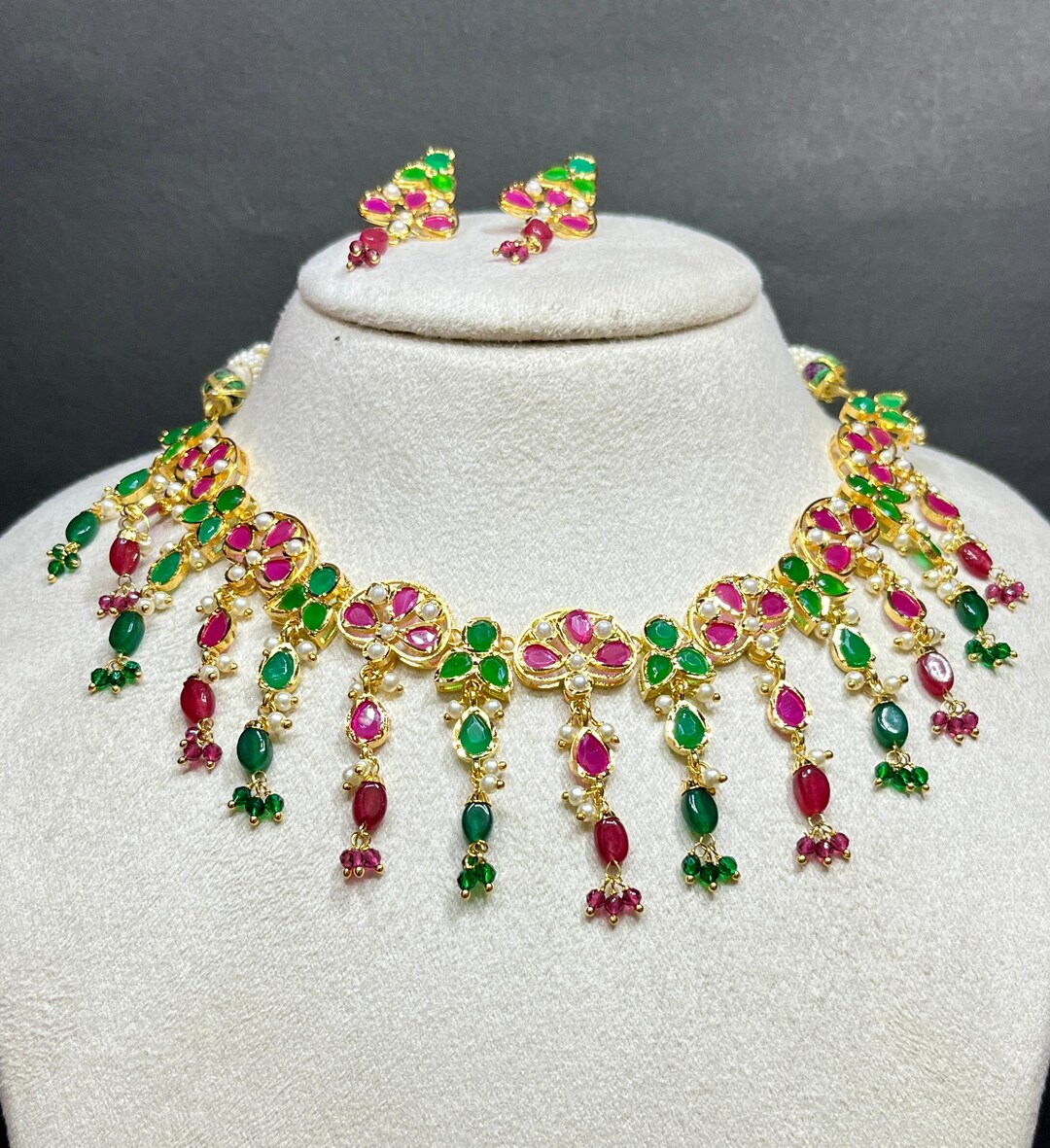 Pakistani Style Necklace Set With Earrings Brass and Quartz Stone ...