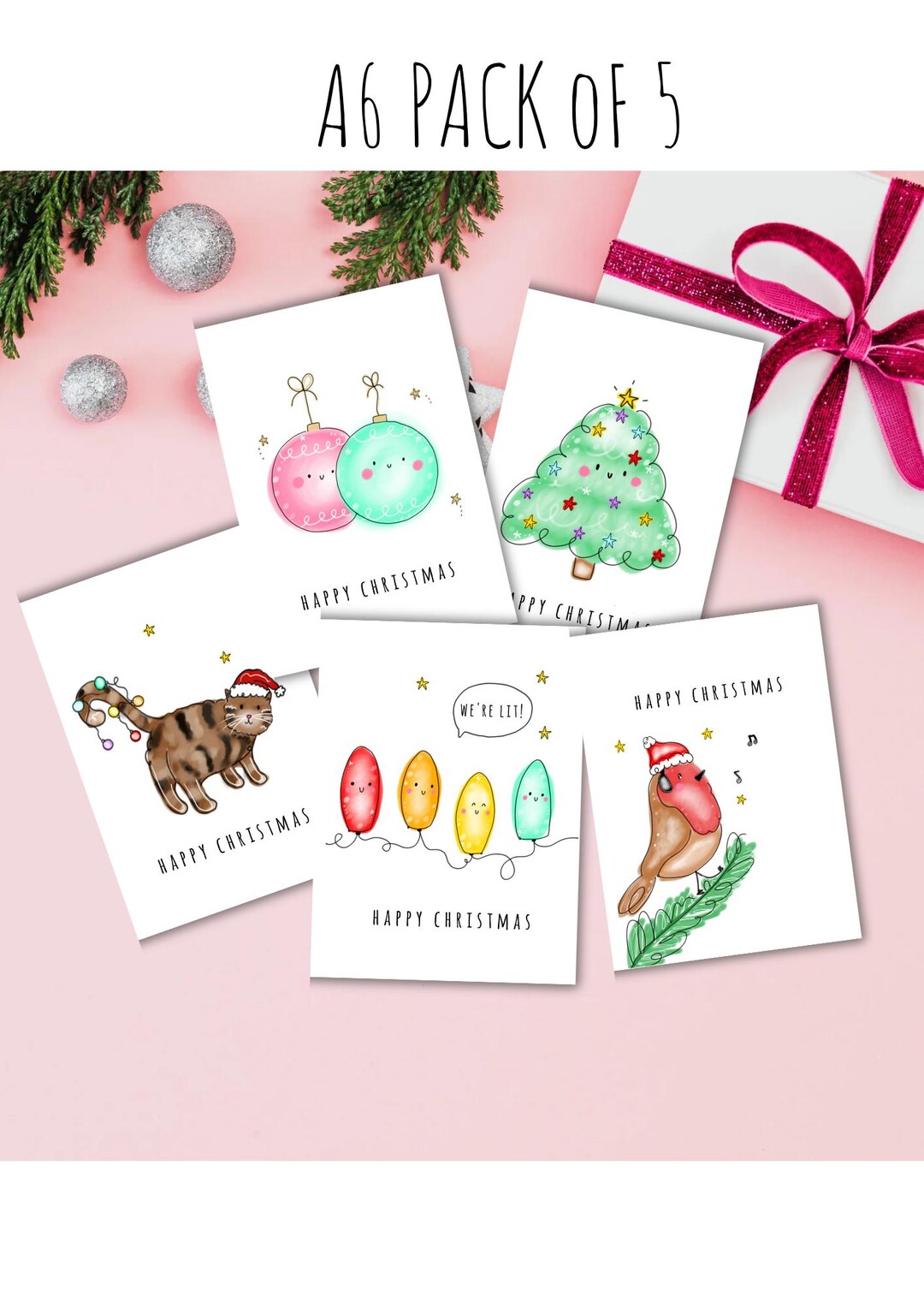 5 X Christmas Cards, Pack of 5 Christmas Cards, Cute Winter Holiday ...