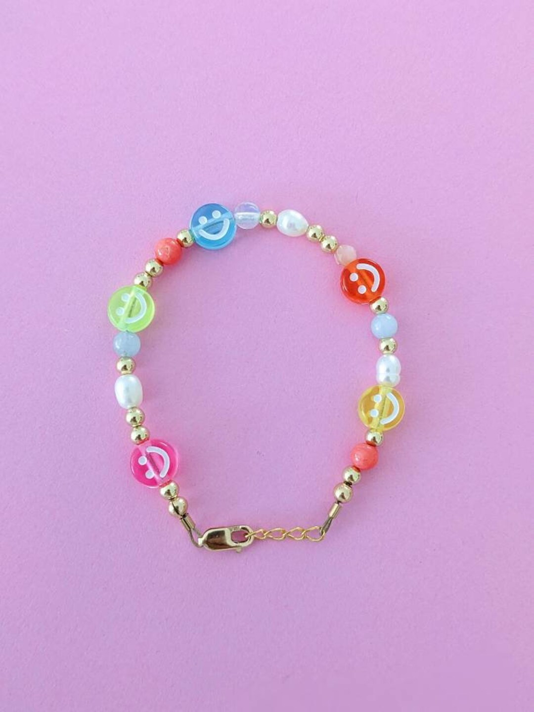 Smiley Face Bracelet, 14k Gold Filled, Fresh Water Pearls, Be Happy ...