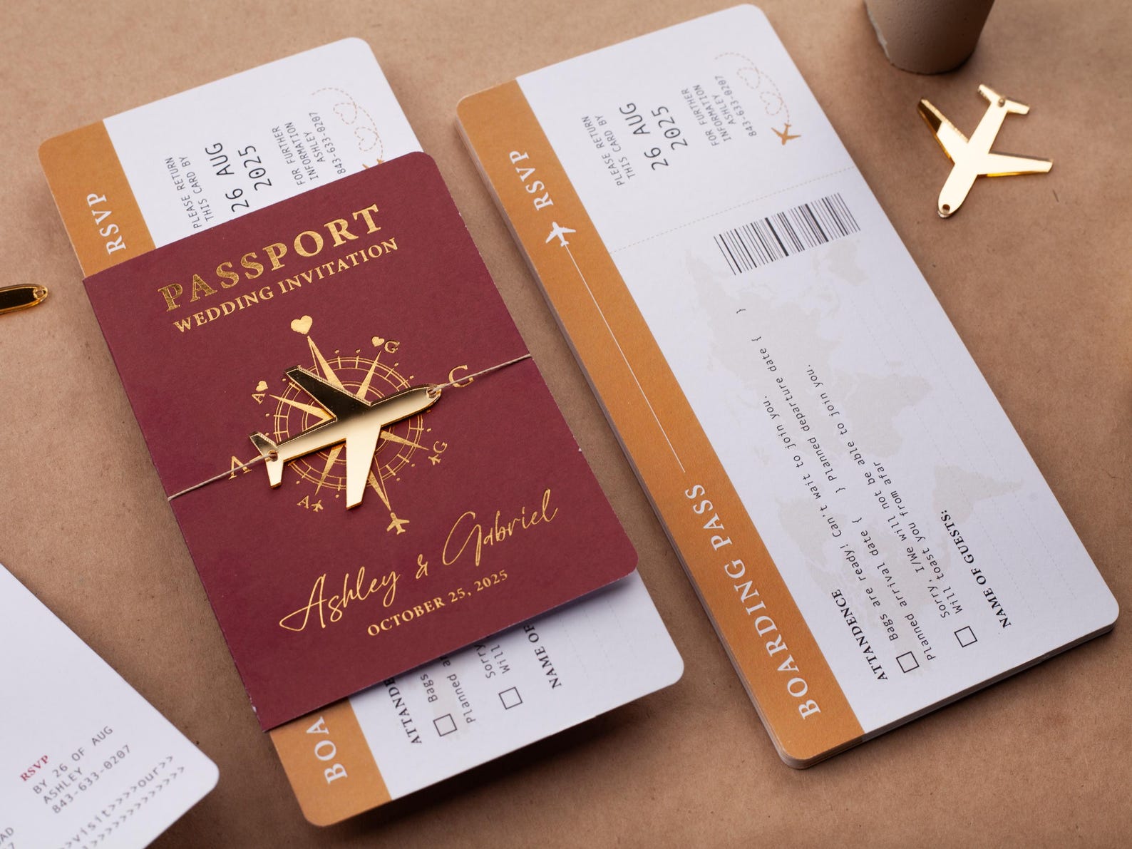Passport Wedding Invitation, Boarding Pass Invite, Burgundy & Gold Foil ...
