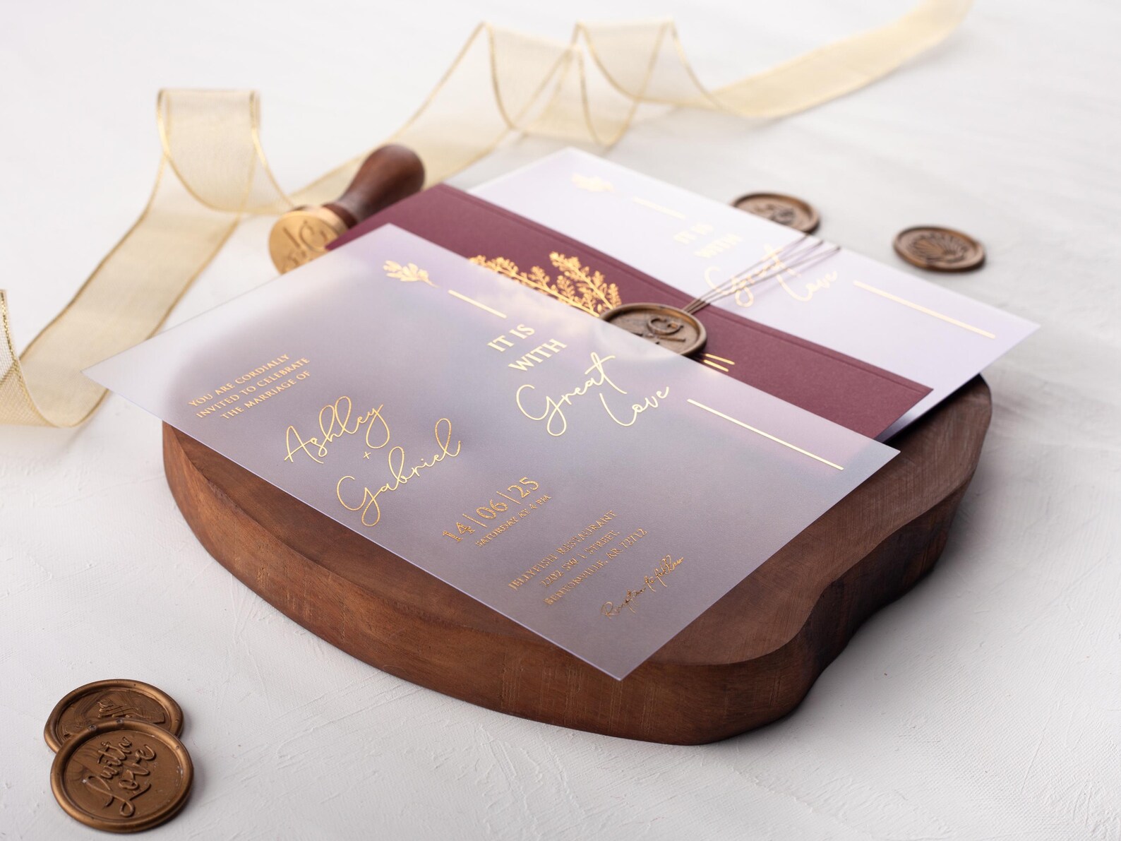 Acrylic Wedding Invitations, Burgundy and Gold Foil Invite, Folded ...
