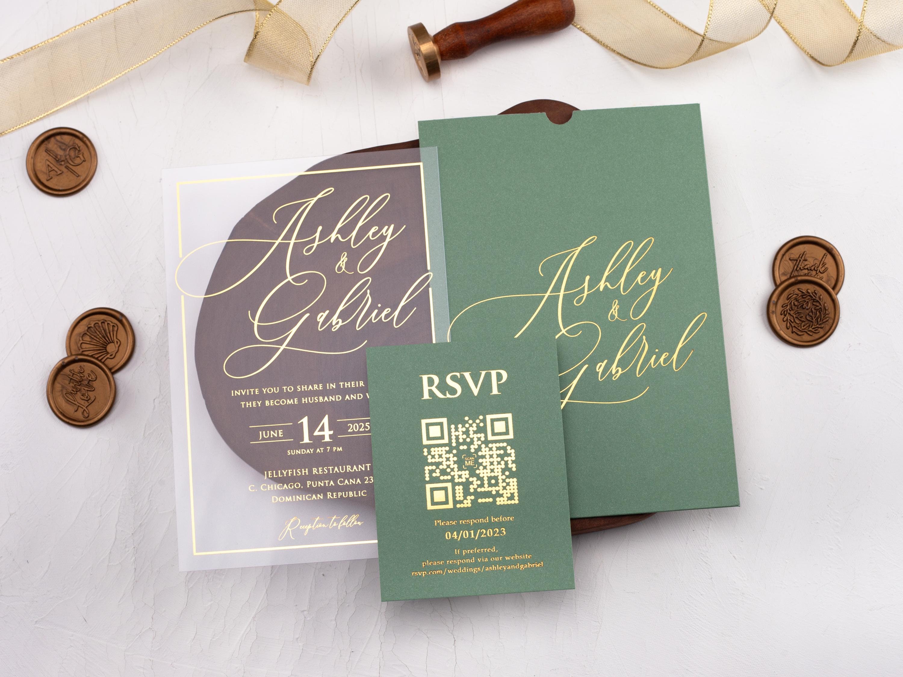 Sage Green and Gold Acrylic Wedding Invitation,personalized Wedding Invite, Gold Foil Printed ...