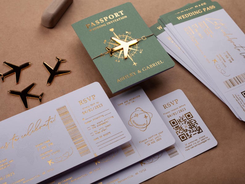 Passport Wedding Invitation, Boarding Pass Invite, Sage Green & Gold ...
