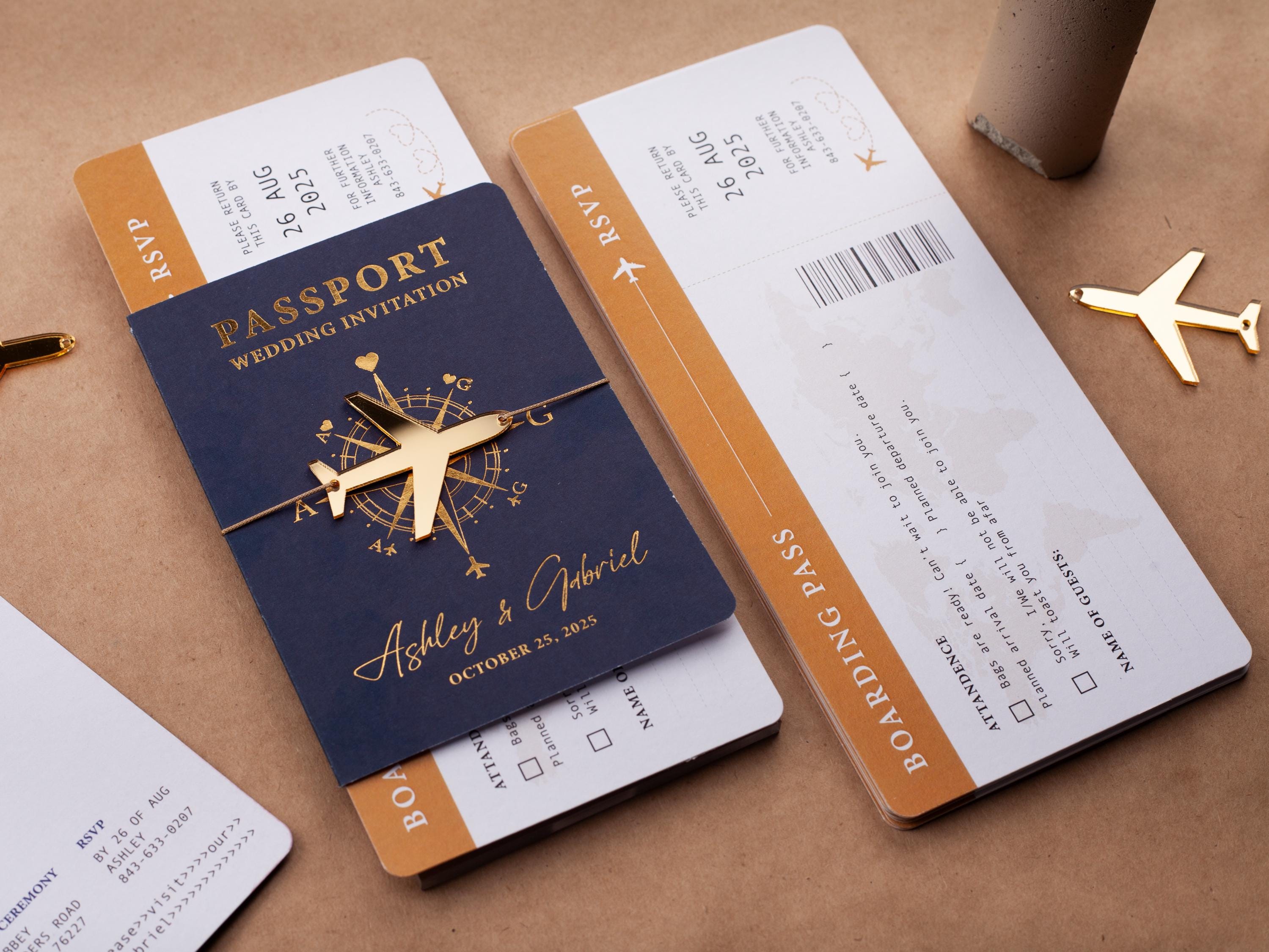 Passport Wedding Invitation, Boarding Pass Invite, Navy Blue & Gold ...