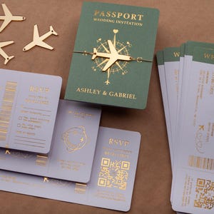 Passport Wedding Invitation, Boarding Pass Invite, Sage Green & Gold ...