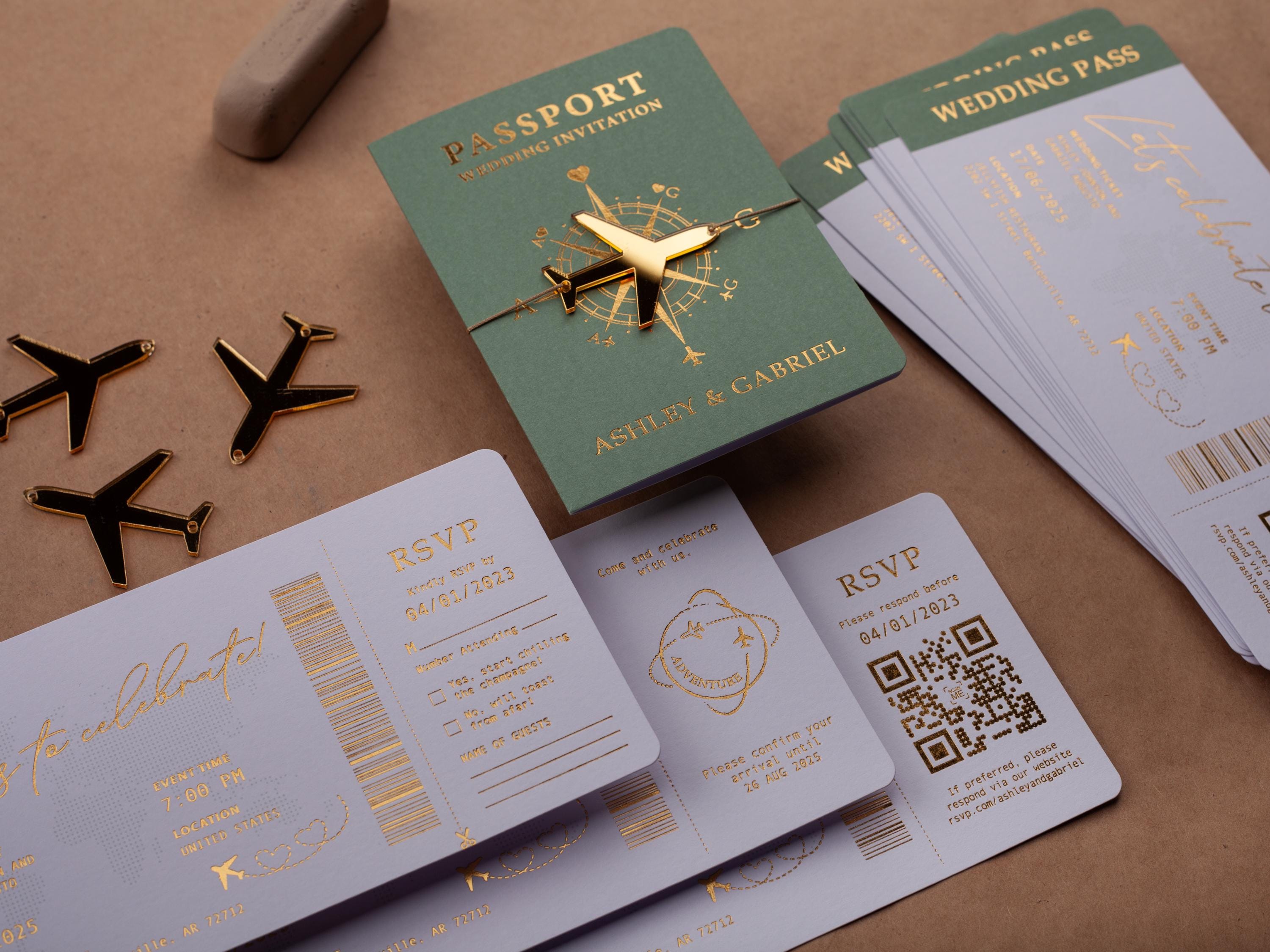 Passport Wedding Invitation, Boarding Pass Invite, Sage Green & Gold ...