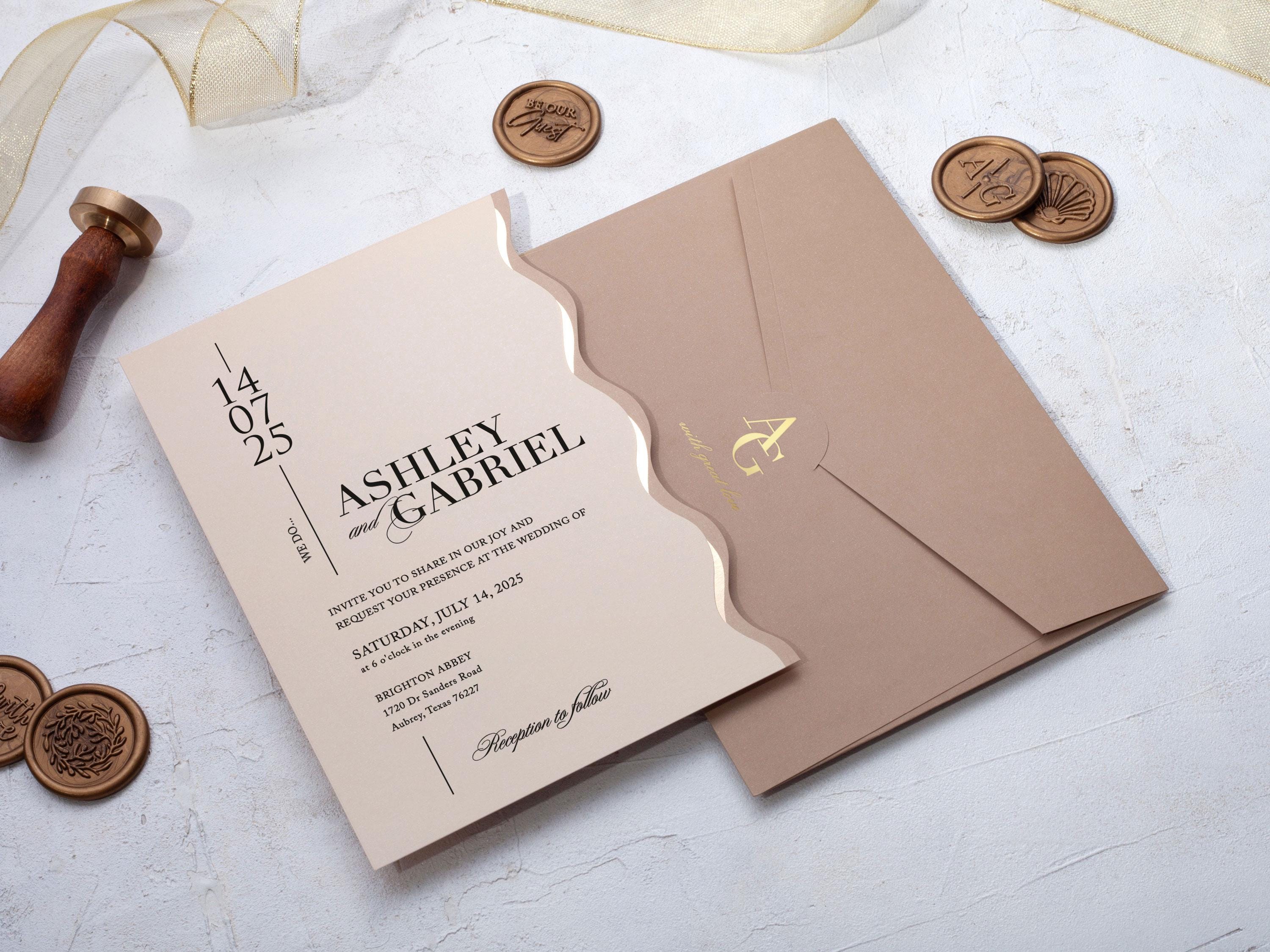 Luxury Wedding Invitation, Beige Card With Gold Foil, Wiggly Cut Design ...