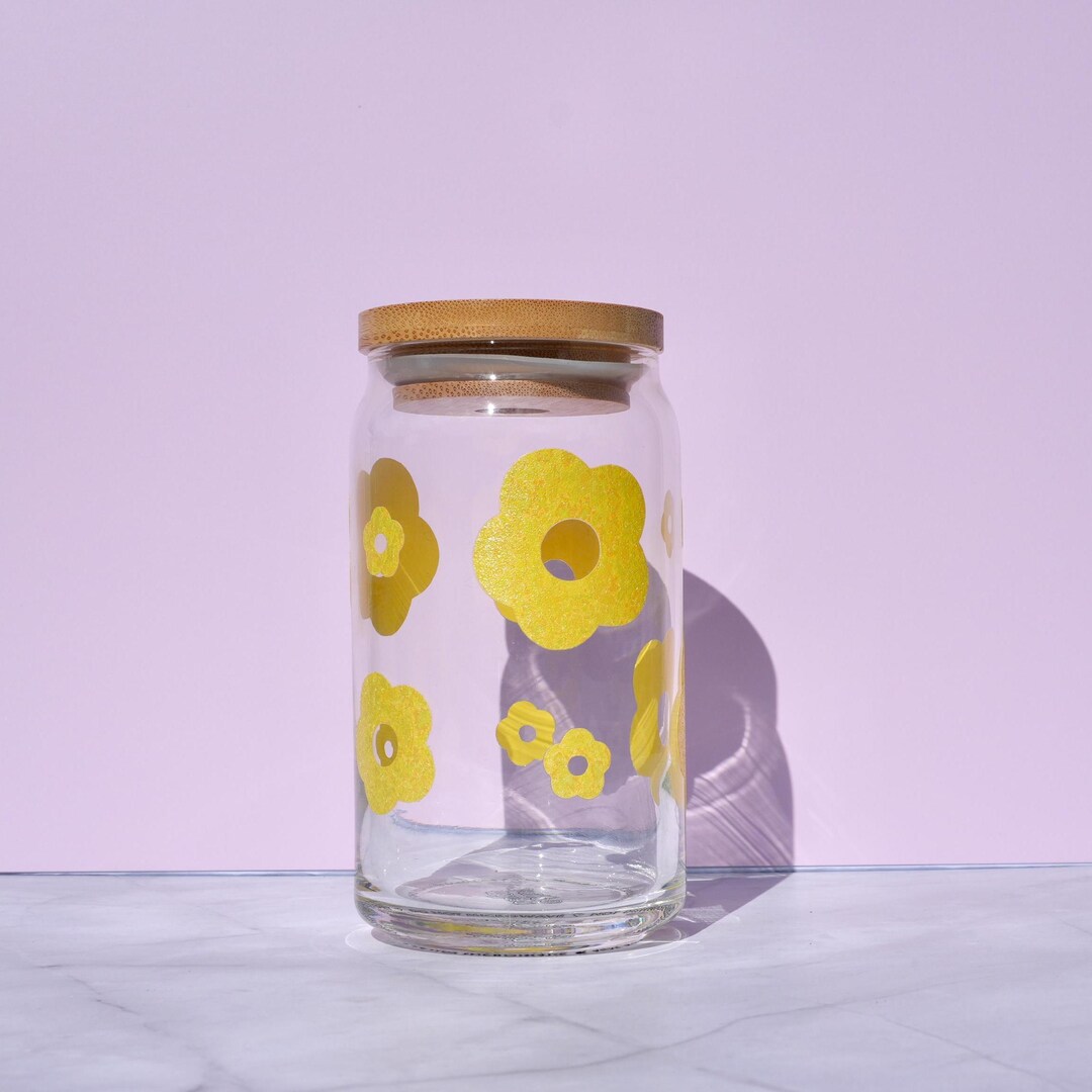 Yellow Retro Daisy Flower Pattern Glass Cup Iced Coffee Glass ...
