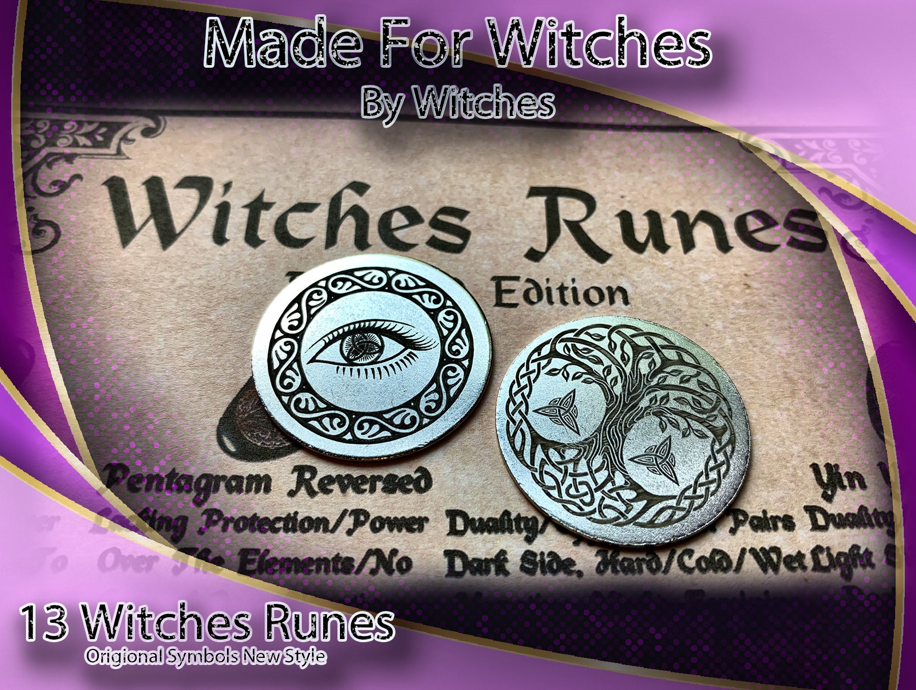 METAL Witches Runes Stone Coins Set Handmade & Storage Tin Steel ...