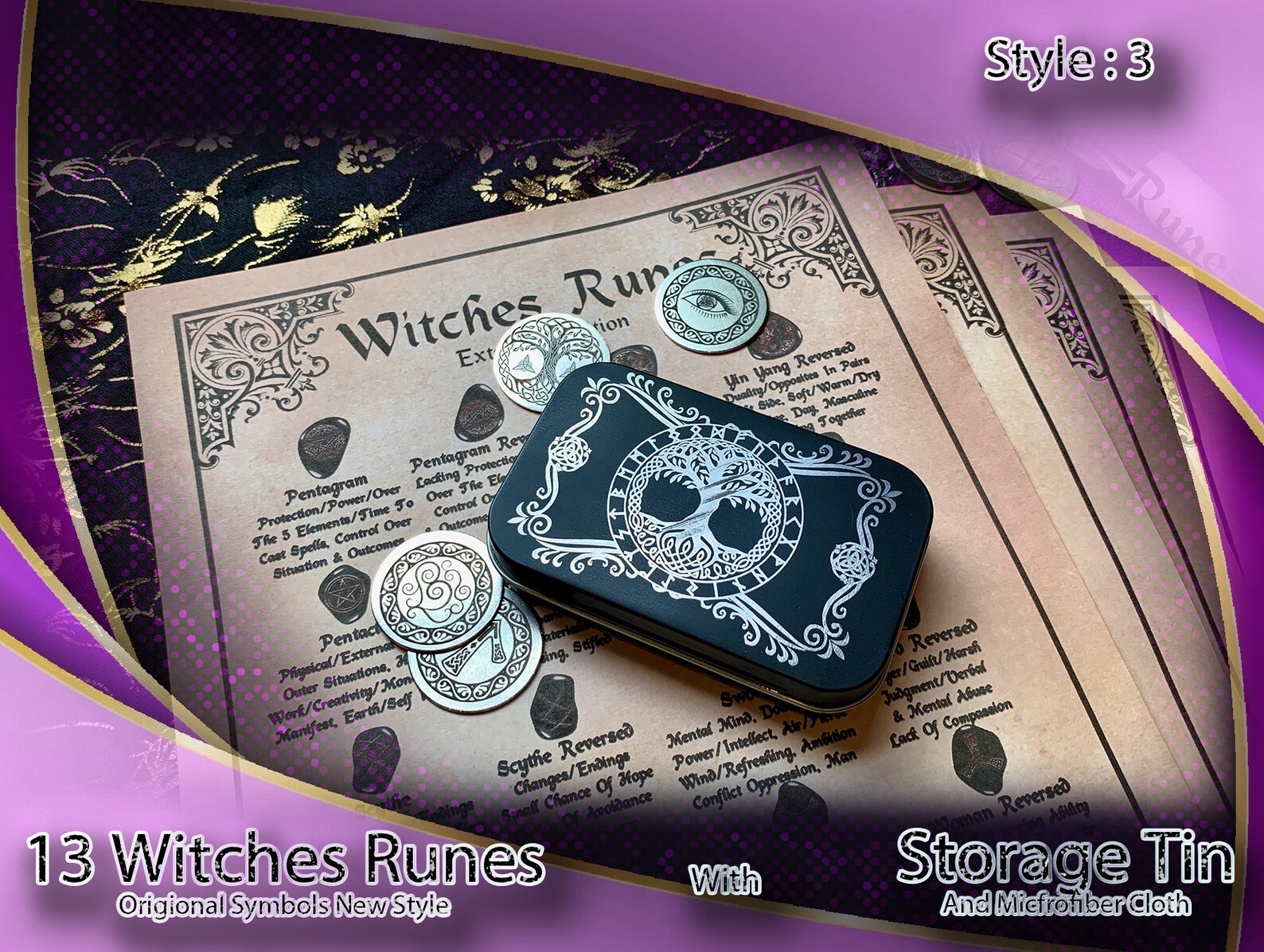 METAL Witches Runes Stone Coins Set Handmade & Storage Tin Steel ...