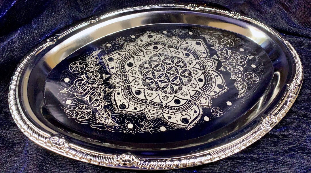 Silver Steel Rolling Altar Crystal Grid Tray Pentagram Triquetra Celtic ...