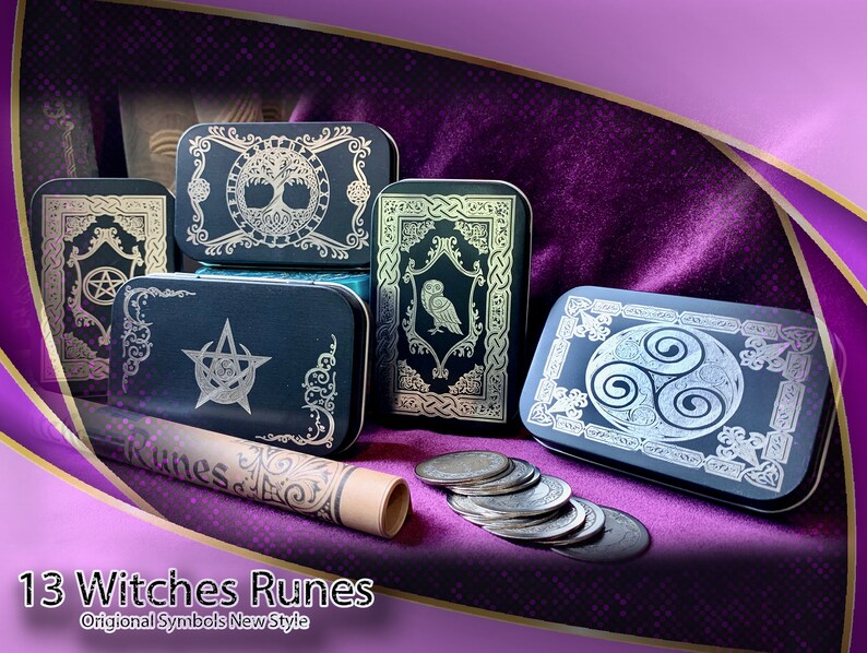 METAL Witches Runes Stone Coins Set Handmade & Storage Tin Steel ...