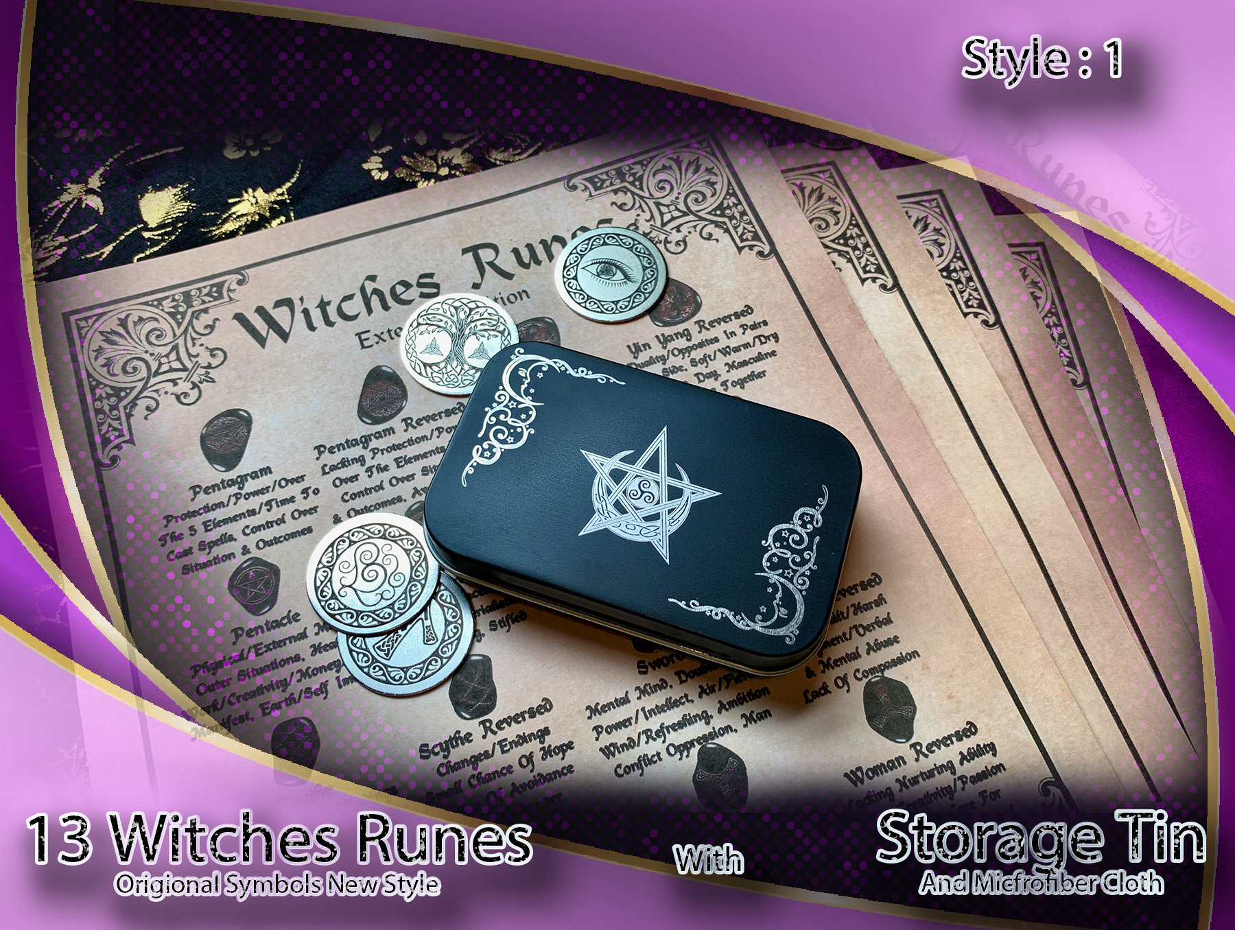 METAL Witches Runes Stone Coins Set Handmade & Storage Tin | Etsy