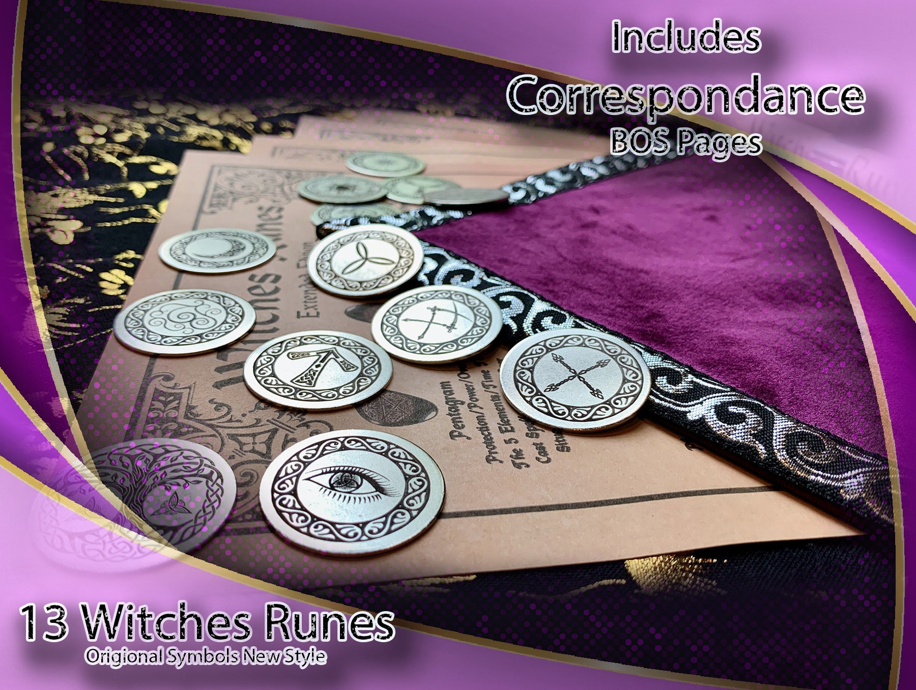 METAL Witches Runes Stone Coins Set Handmade & Storage Tin Steel ...