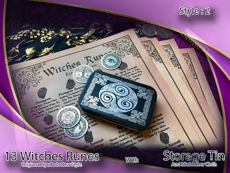 METAL Witches Runes Stone Coins Set Handmade & Storage Tin Steel ...