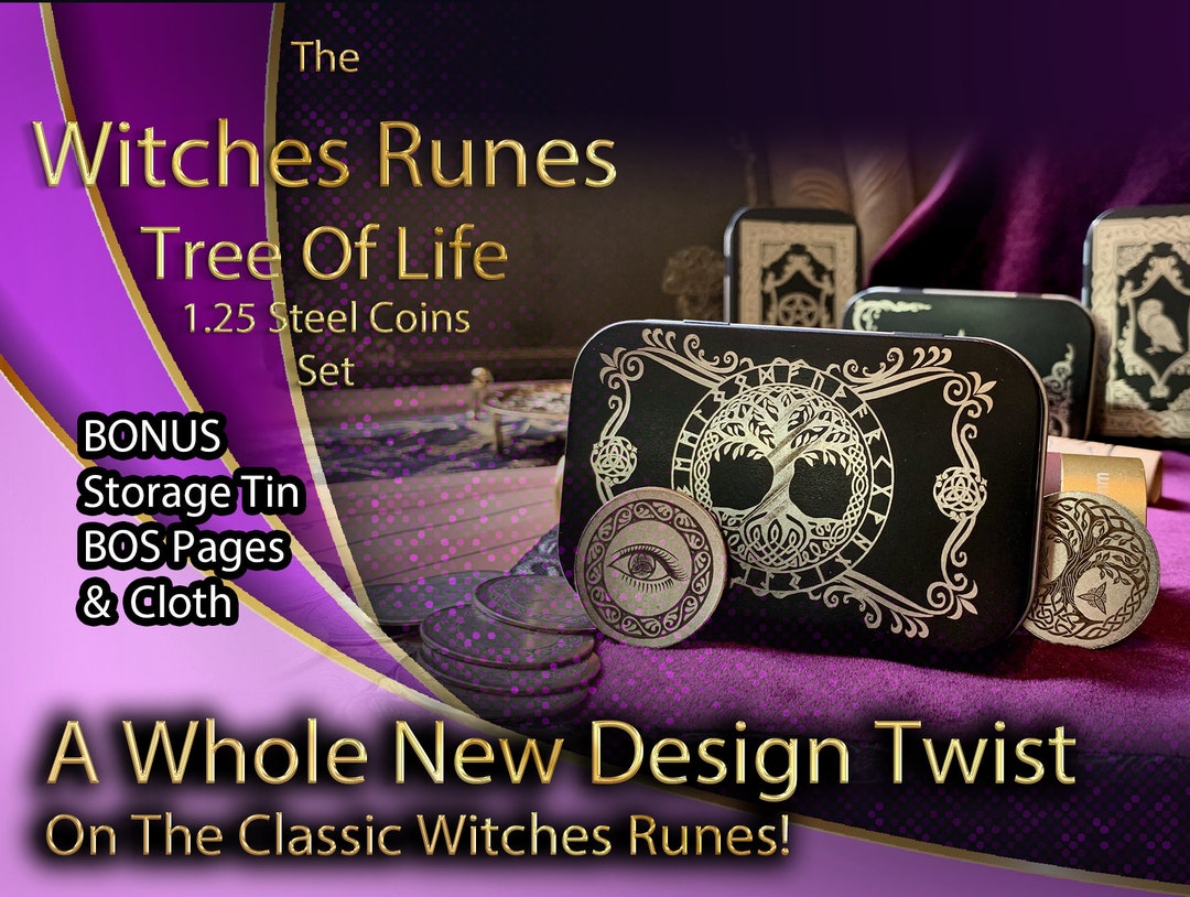 METAL Witches Runes Stone Coins Set Handmade & Storage Tin Steel ...