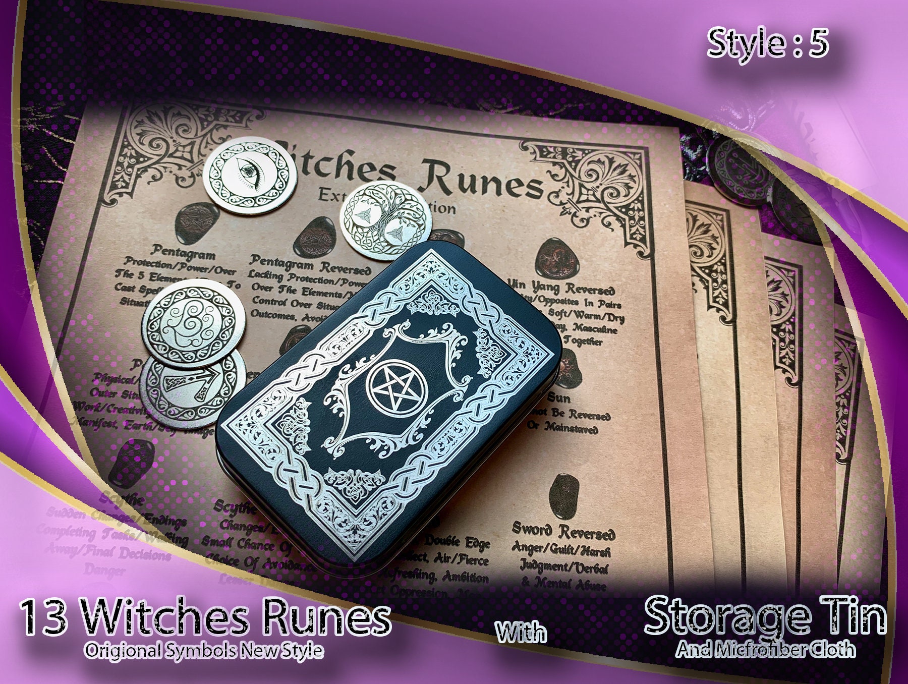 METAL Witches Runes Stone Coins Set Handmade & Storage Tin Steel ...