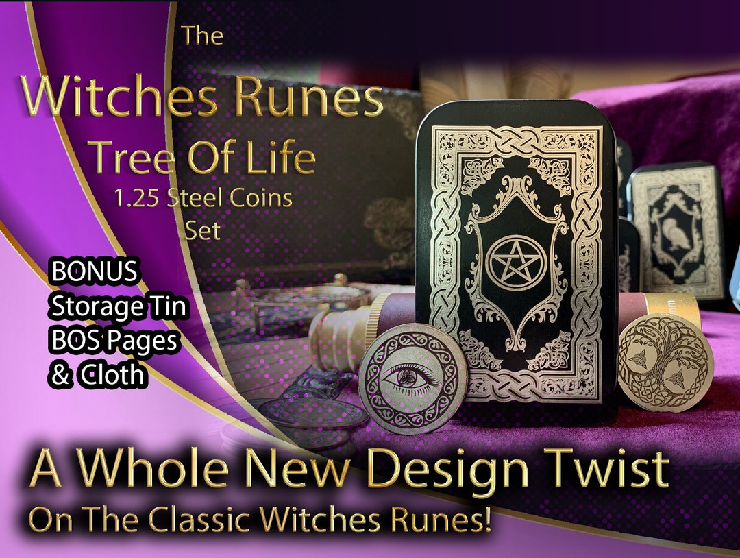 METAL Witches Runes Stone Coins Set Handmade & Storage Tin Steel ...