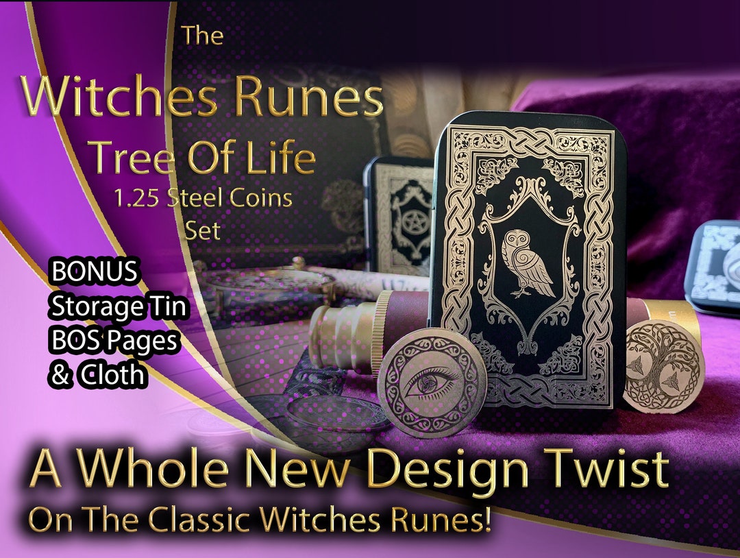 METAL Witches Runes Stone Coins Set Handmade & Storage Tin Steel ...
