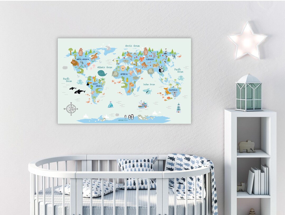 Baby Blue Children's Animal World Map Canvas Nursery - Etsy
