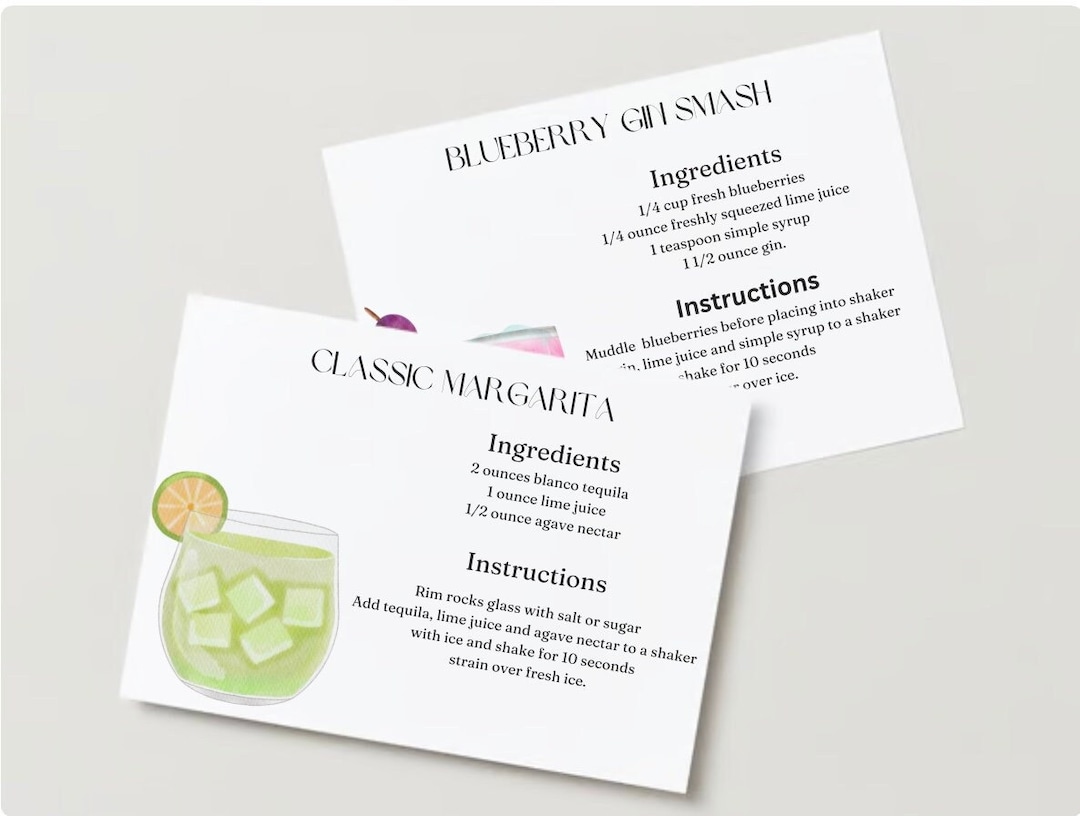 Cocktail Recipe Cards, Editable Templet Drink Cards, Printable Recipe ...
