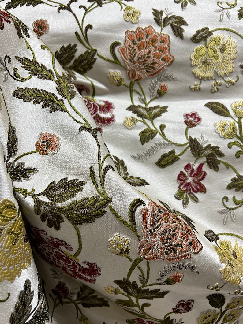 Woven Floral Jacquard Fabric: Green & Rust Upholstery Material - Etsy