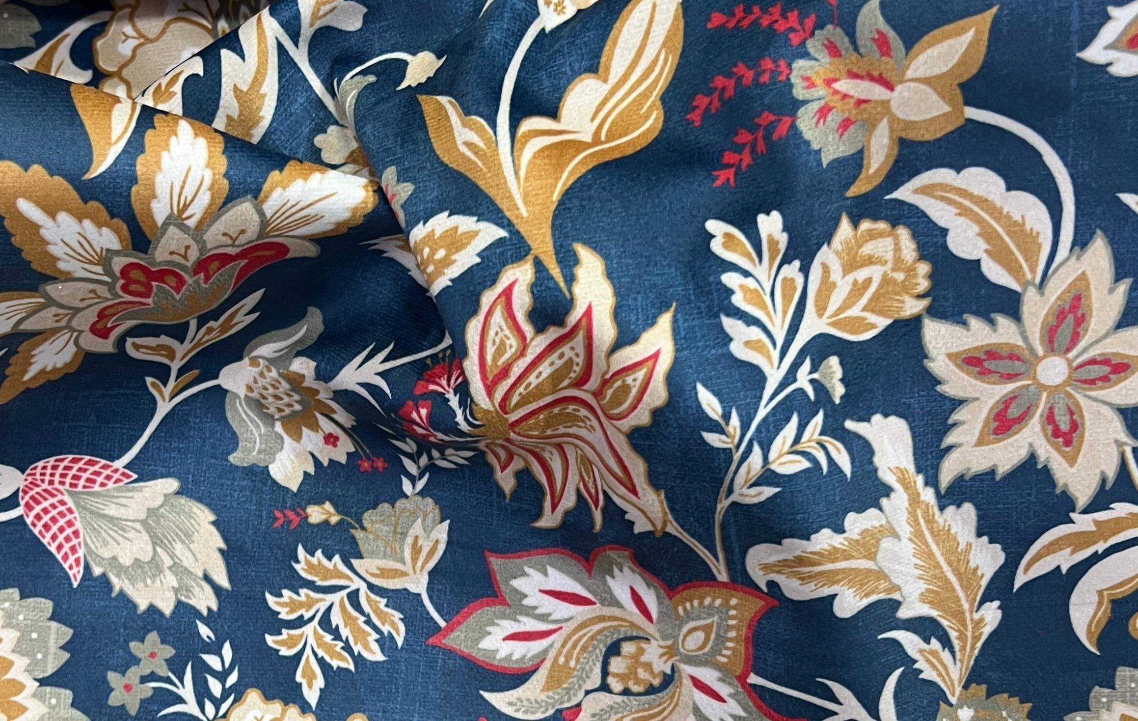 Vintage Floral Velvet Upholstery Fabric, Blue Heritage Flower Pattern ...