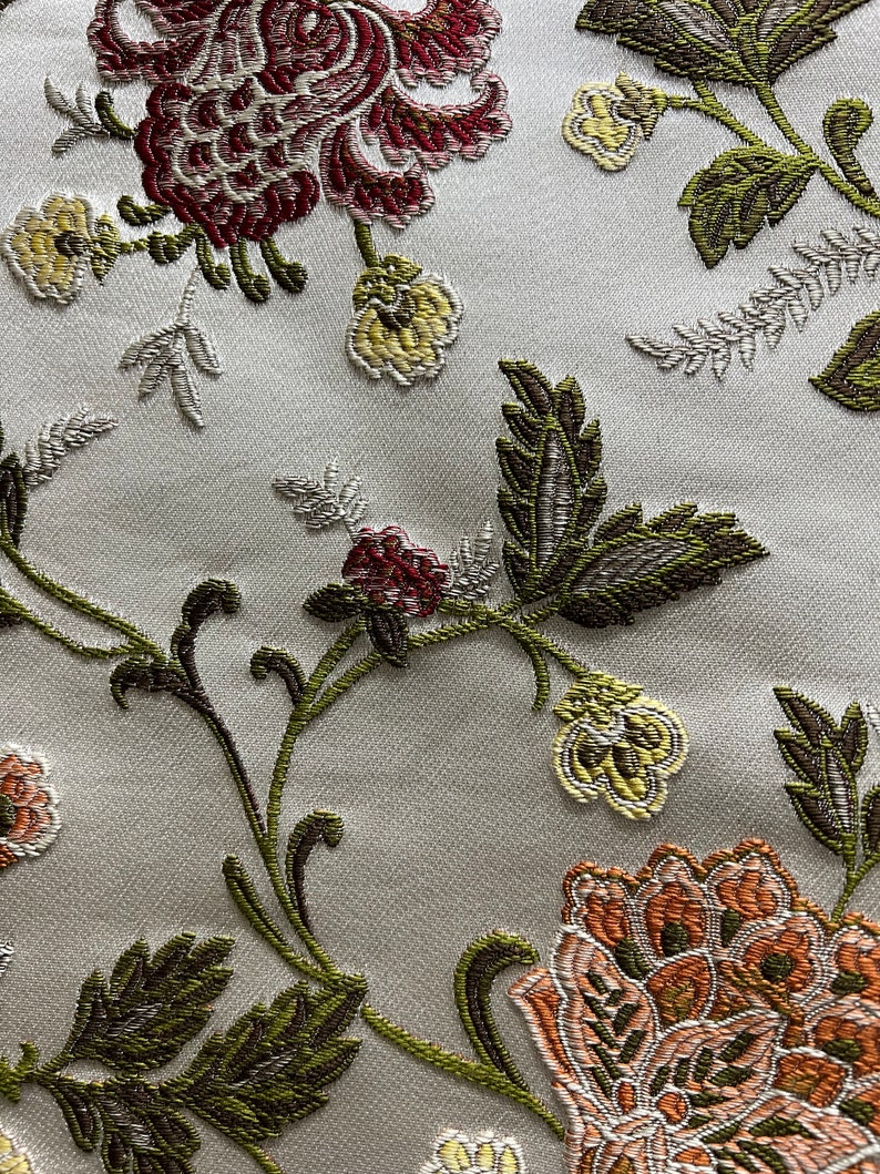 Woven Floral Jacquard Fabric: Green & Rust Upholstery Material - Etsy